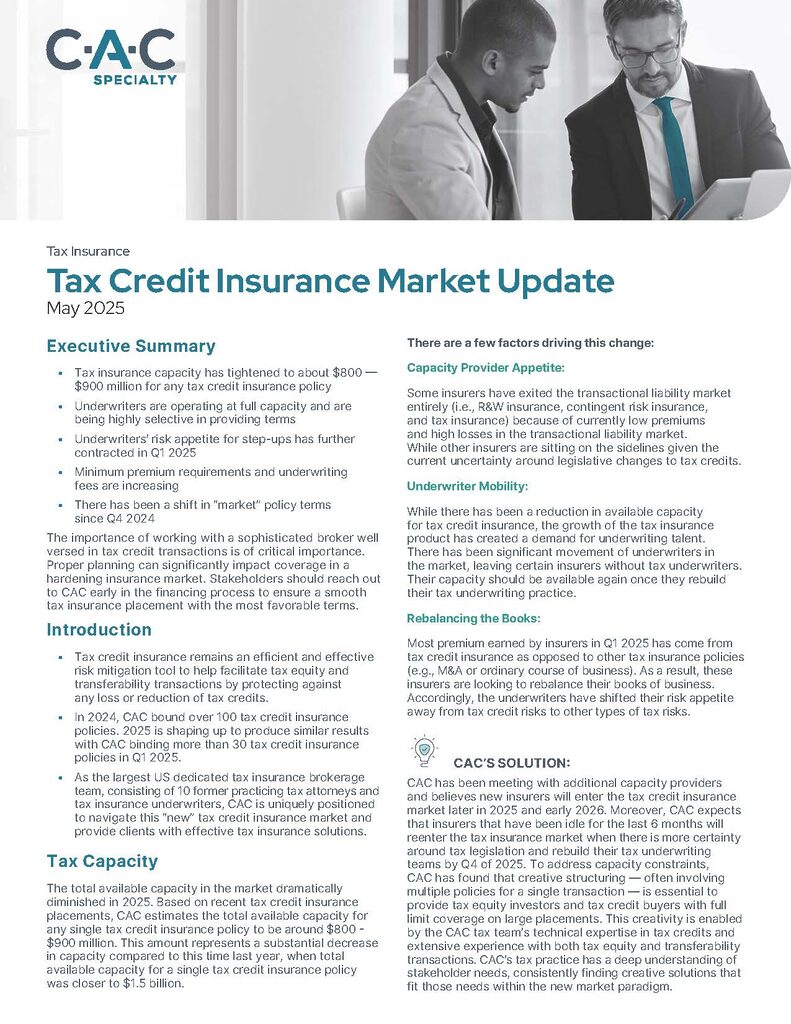Tax Credit Insurance Market Update - Insights - CAC Group