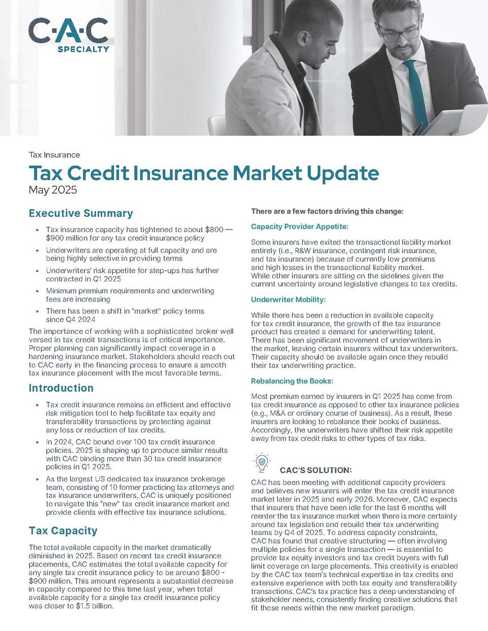 Tax Credit Insurance Market Update - Insights - CAC Group